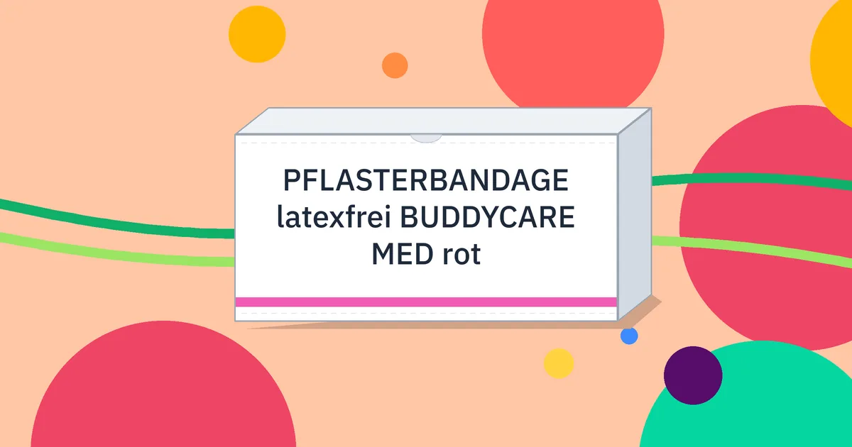 Symbolbild: Packung mit der Aufschrift PFLASTERBANDAGE latexfrei BUDDYCARE MED rot (PZN 16502560) – Verfügbarkeit und Bezug in Apotheken in Frankfurt am Main