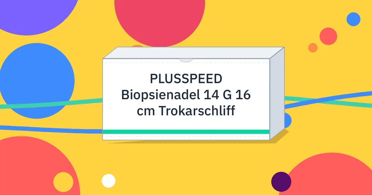 Symbolbild: Packung mit der Aufschrift PLUSSPEED Biopsienadel 14 G 16 cm Trokarschliff (PZN 05519250) – Verfügbarkeit und Bezug in Apotheken in Frankfurt am Main