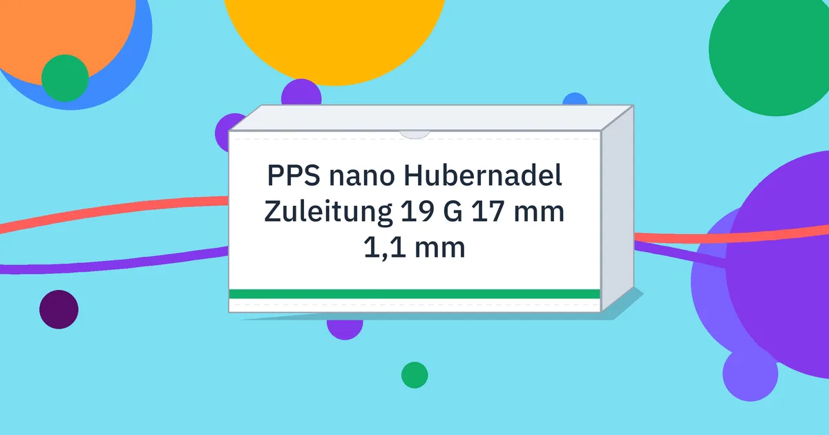 Symbolbild: Packung mit der Aufschrift PPS nano Hubernadel Zuleitung 19 G 17 mm 1,1 mm (PZN 18195145) – Verfügbarkeit und Bezug in Apotheken in Frankfurt am Main