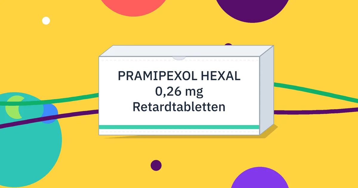 Symbolbild: Packung mit der Aufschrift PRAMIPEXOL HEXAL 0,26 mg Retardtabletten (PZN 08454870) – Verfügbarkeit und Bezug in Apotheken in Frankfurt am Main