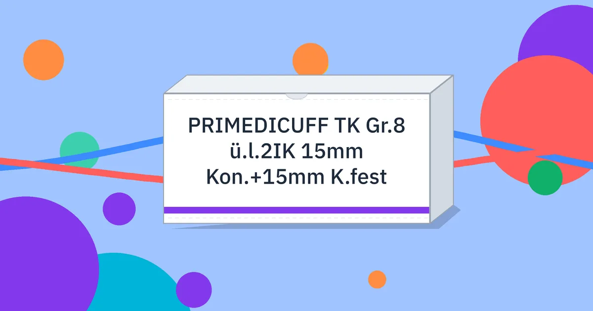 Symbolbild: Packung mit der Aufschrift PRIMEDICUFF TK Gr.8 ü.l.2IK 15mm Kon.+15mm K.fest (PZN 11375803) – Verfügbarkeit und Bezug in Apotheken in Frankfurt am Main