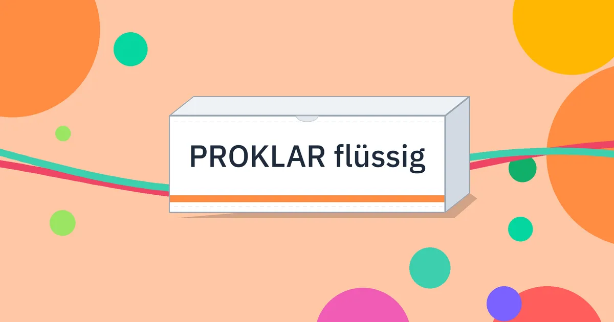Symbolbild: Packung mit der Aufschrift PROKLAR flüssig (PZN 02550992) – Verfügbarkeit und Bezug in Apotheken in Frankfurt am Main