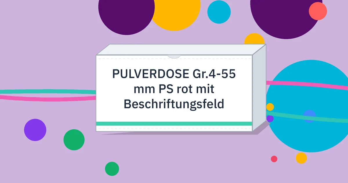 Symbolbild: Packung mit der Aufschrift PULVERDOSE Gr.4-55 mm PS rot mit Beschriftungsfeld (PZN 18222474) – Verfügbarkeit und Bezug in Apotheken in Frankfurt am Main