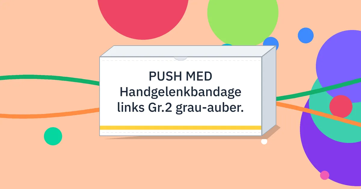 Symbolbild: Packung mit der Aufschrift PUSH MED Handgelenkbandage links Gr.2 grau-auber. (PZN 04860886) – Verfügbarkeit und Bezug in Apotheken in Frankfurt am Main
