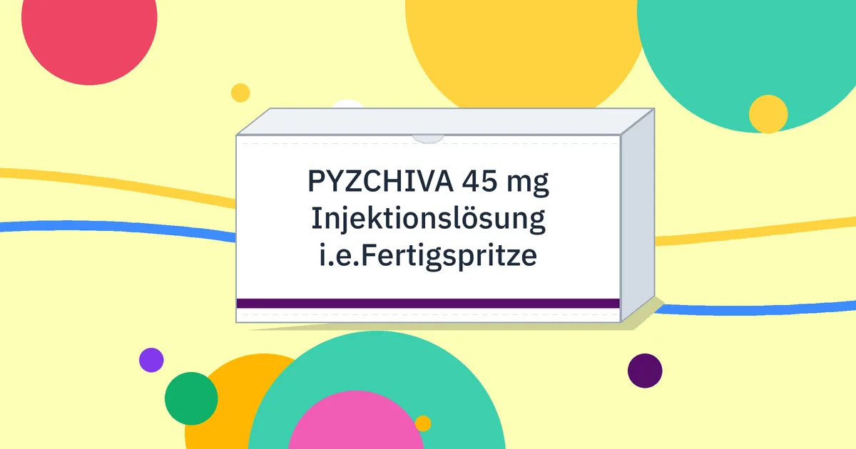 Symbolbild: Packung mit der Aufschrift PYZCHIVA 45 mg Injektionslösung i.e.Fertigspritze (PZN 19825855) – Verfügbarkeit und Bezug in Apotheken in Frankfurt am Main