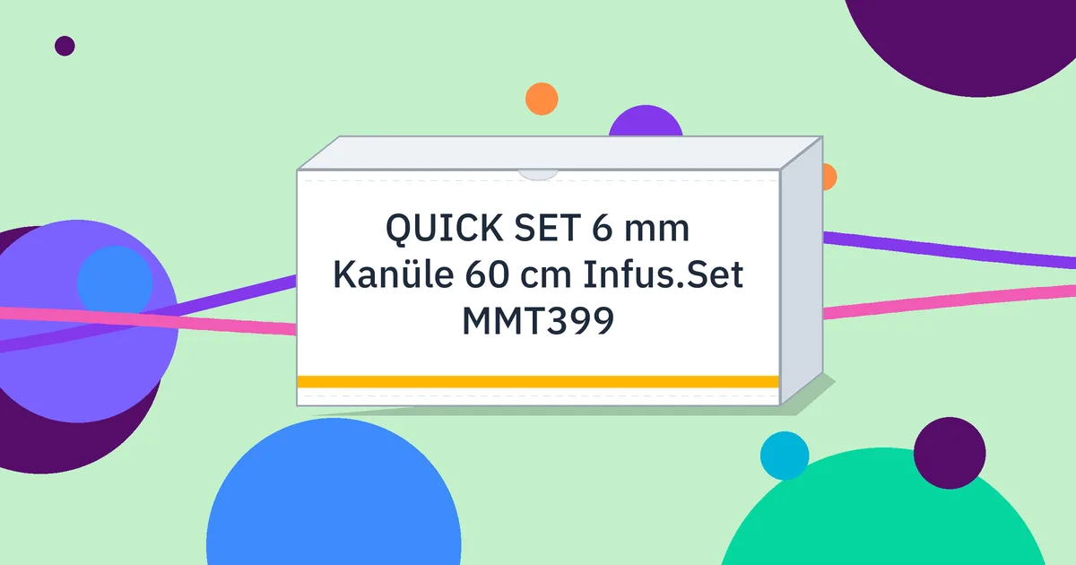 Symbolbild: Packung mit der Aufschrift QUICK SET 6 mm Kanüle 60 cm Infus.Set MMT399 (PZN 14201179) – Verfügbarkeit und Bezug in Apotheken in Frankfurt am Main