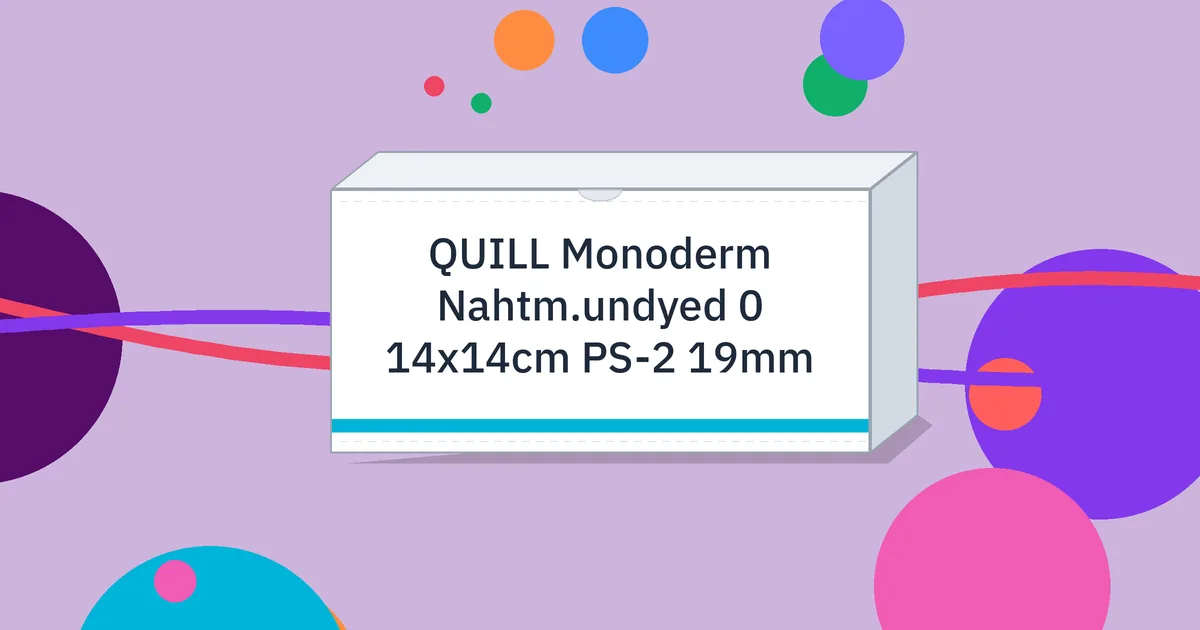 Symbolbild: Packung mit der Aufschrift QUILL Monoderm Nahtm.undyed 0 14x14cm PS-2 19mm (PZN 17988553) – Verfügbarkeit und Bezug in Apotheken in Frankfurt am Main