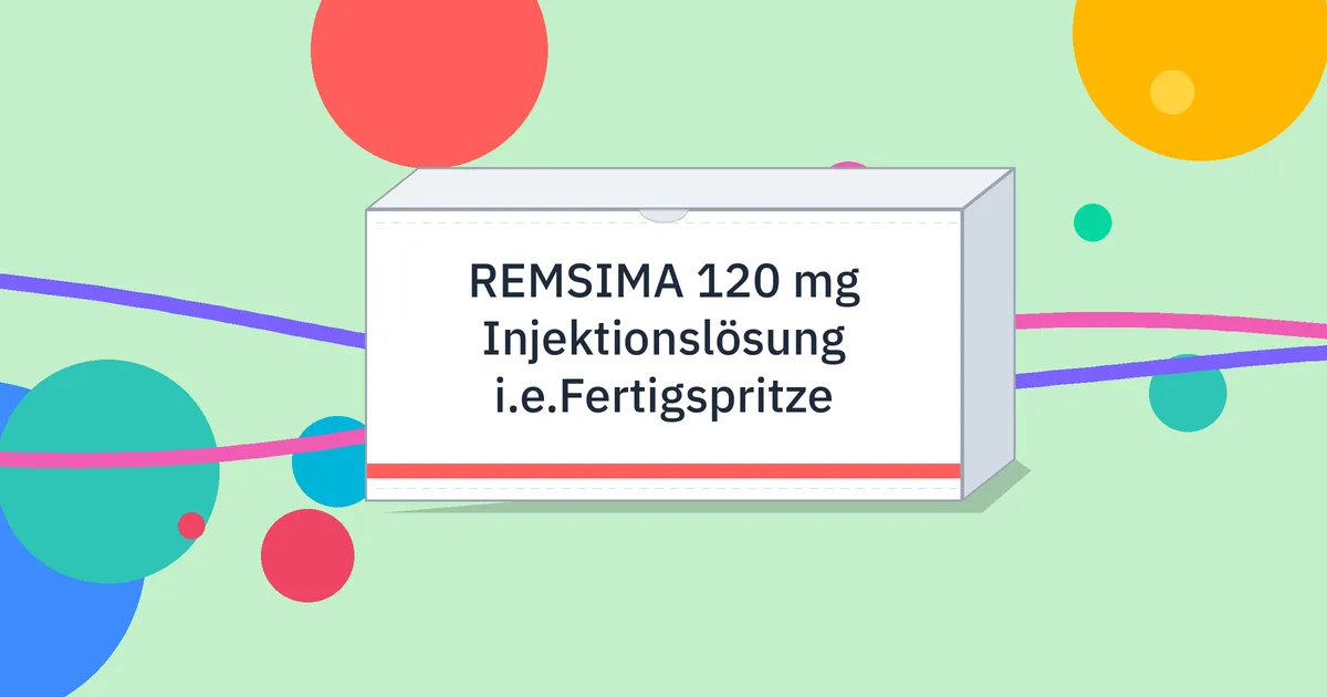 Symbolbild: Packung mit der Aufschrift REMSIMA 120 mg Injektionslösung i.e.Fertigspritze (PZN 17852345) – Verfügbarkeit und Bezug in Apotheken in Frankfurt am Main