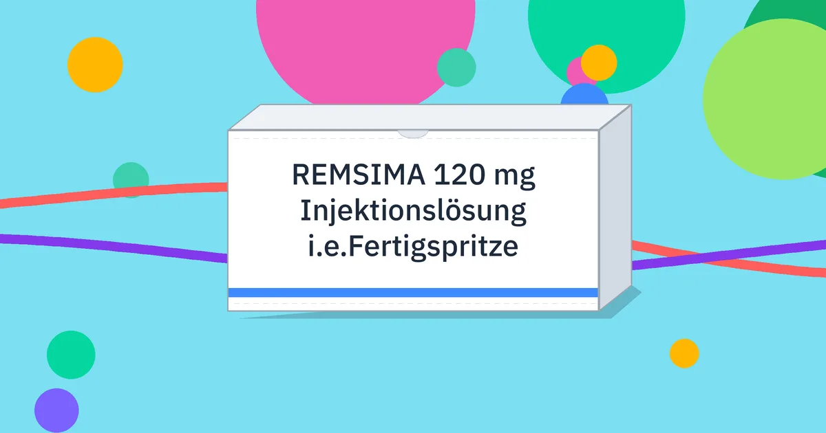 Symbolbild: Packung mit der Aufschrift REMSIMA 120 mg Injektionslösung i.e.Fertigspritze (PZN 18497099) – Verfügbarkeit und Bezug in Apotheken in Frankfurt am Main