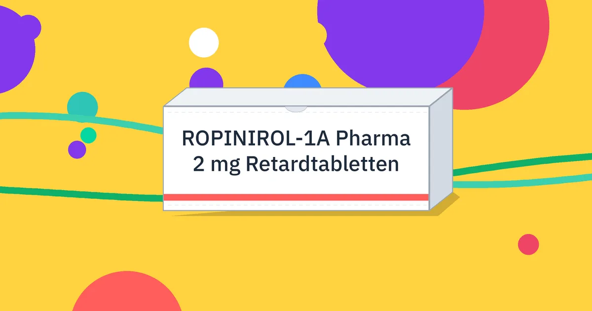 Symbolbild: Packung mit der Aufschrift ROPINIROL-1A Pharma 2 mg Retardtabletten (PZN 09080638) – Verfügbarkeit und Bezug in Apotheken in Frankfurt am Main