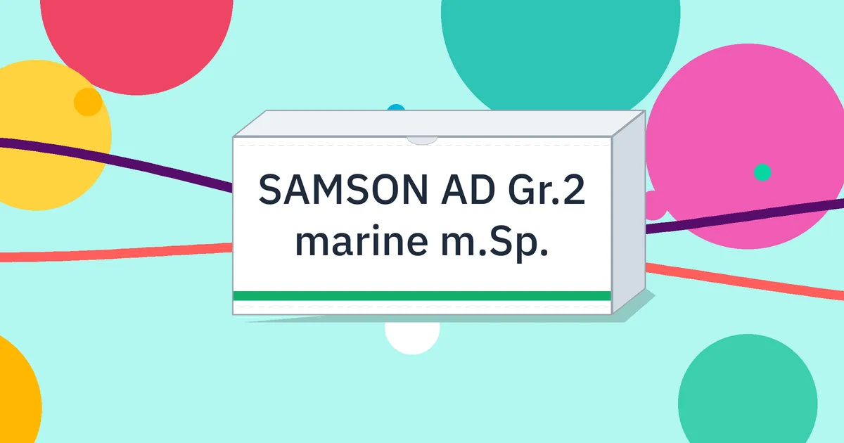 Symbolbild: Packung mit der Aufschrift SAMSON AD Gr.2 marine m.Sp. (PZN 14248643) – Verfügbarkeit und Bezug in Apotheken in Frankfurt am Main