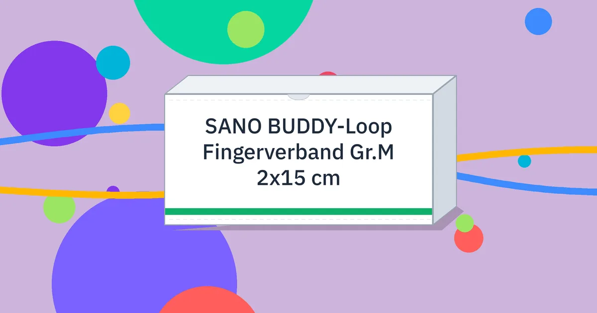 Symbolbild: Packung mit der Aufschrift SANO BUDDY-Loop Fingerverband Gr.M 2x15 cm (PZN 13159446) – Verfügbarkeit und Bezug in Apotheken in Frankfurt am Main