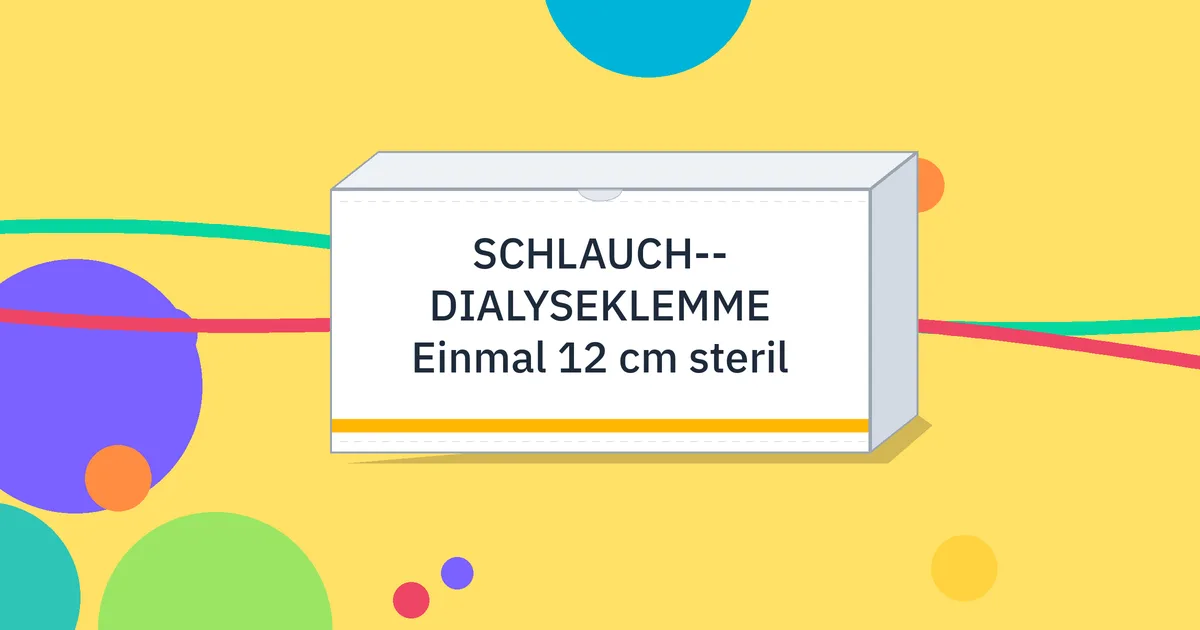 Symbolbild: Packung mit der Aufschrift SCHLAUCH--DIALYSEKLEMME Einmal 12 cm steril (PZN 19978441) – Verfügbarkeit und Bezug in Apotheken in Frankfurt am Main