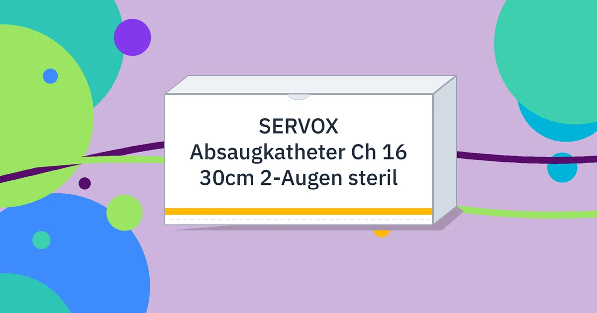 Symbolbild: Packung mit der Aufschrift SERVOX Absaugkatheter Ch 16 30cm 2-Augen steril (PZN 16395041) – Verfügbarkeit und Bezug in Apotheken in Frankfurt am Main