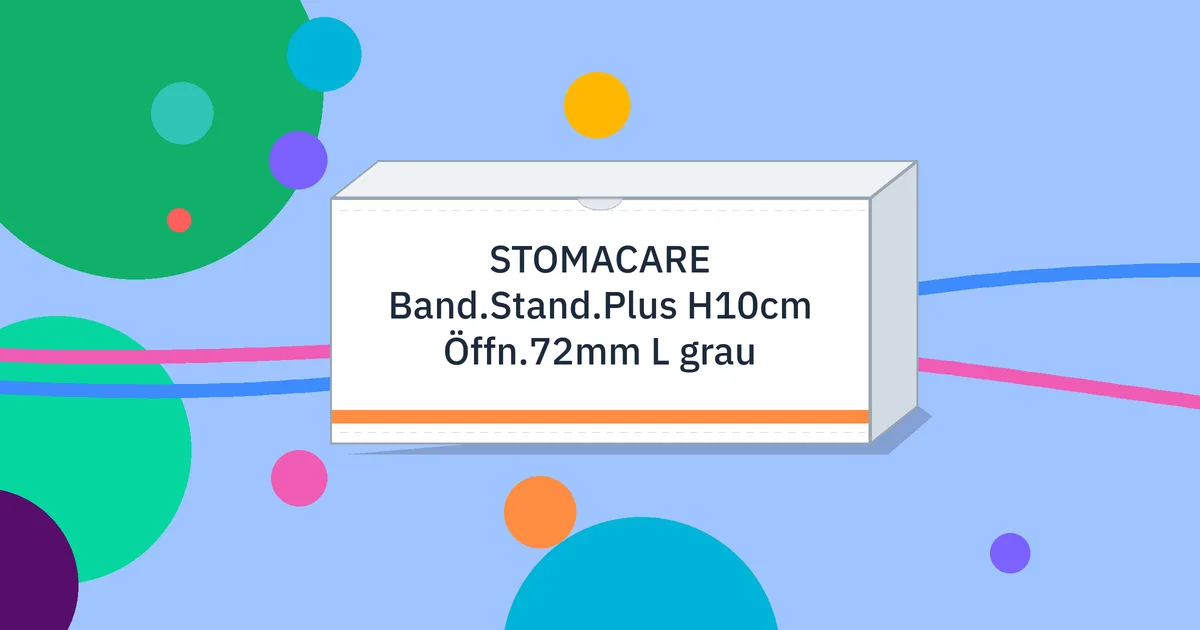 Symbolbild: Packung mit der Aufschrift STOMACARE Band.Stand.Plus H10cm Öffn.72mm L grau (PZN 16750192) – Verfügbarkeit und Bezug in Apotheken in Frankfurt am Main