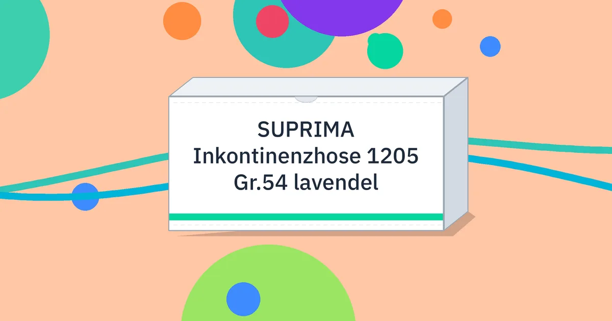 Symbolbild: Packung mit der Aufschrift SUPRIMA Inkontinenzhose 1205 Gr.54 lavendel (PZN 01634310) – Verfügbarkeit und Bezug in Apotheken in Frankfurt am Main