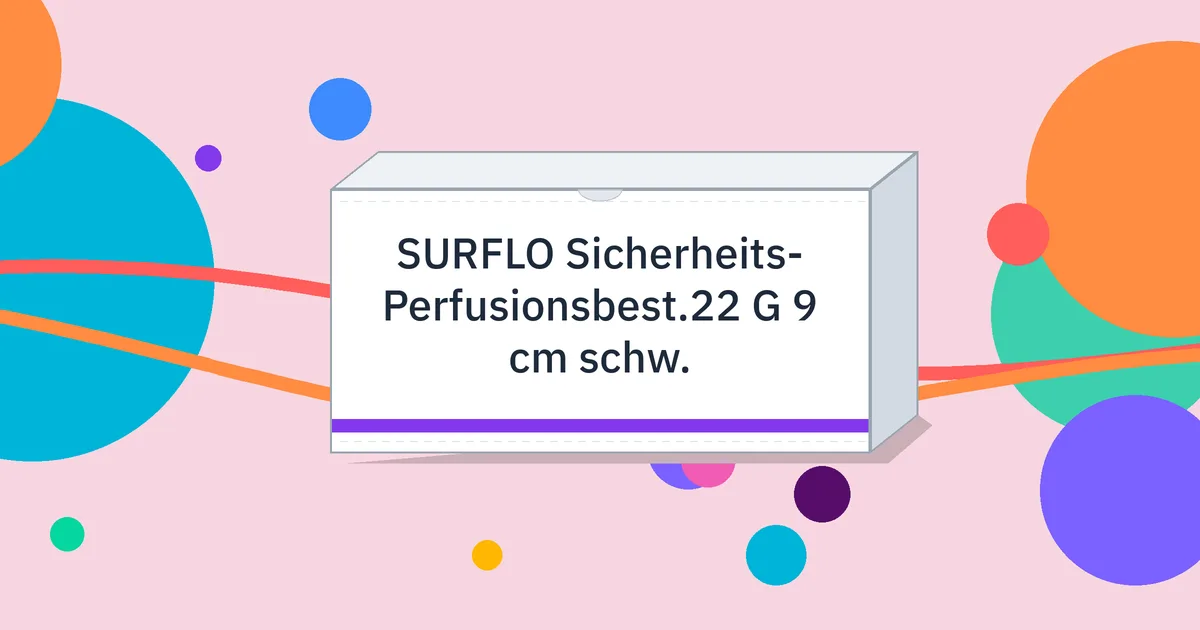 Symbolbild: Packung mit der Aufschrift SURFLO Sicherheits-Perfusionsbest.22 G 9 cm schw. (PZN 10143143) – Verfügbarkeit und Bezug in Apotheken in Frankfurt am Main