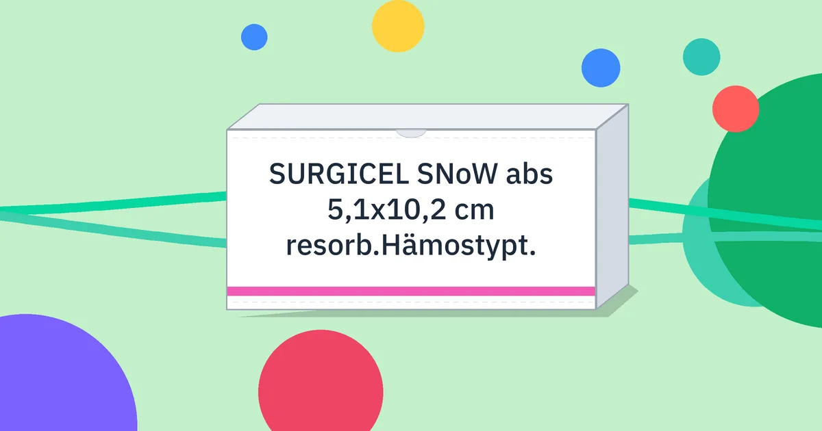 Symbolbild: Packung mit der Aufschrift SURGICEL SNoW abs 5,1x10,2 cm resorb.Hämostypt. (PZN 19885047) – Verfügbarkeit und Bezug in Apotheken in Frankfurt am Main