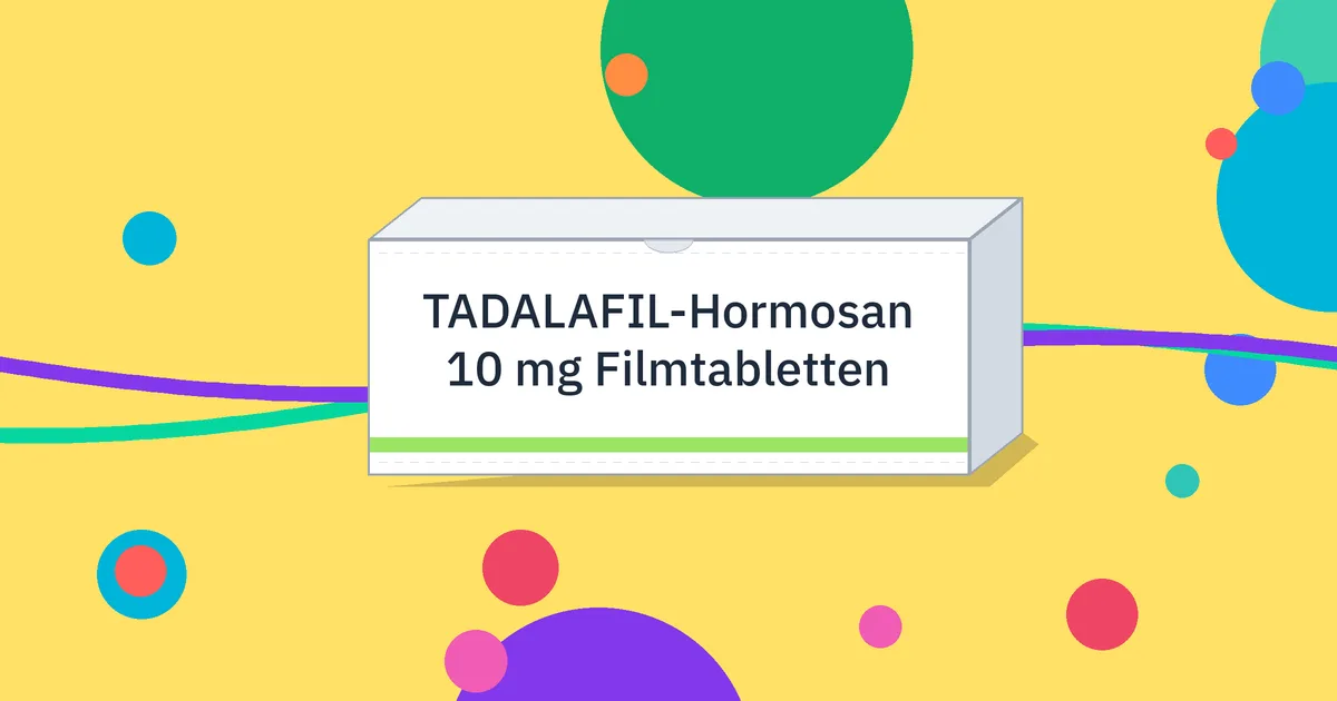 Symbolbild: Packung mit der Aufschrift TADALAFIL-Hormosan 10 mg Filmtabletten (PZN 13569931) – Verfügbarkeit und Bezug in Apotheken in Frankfurt am Main