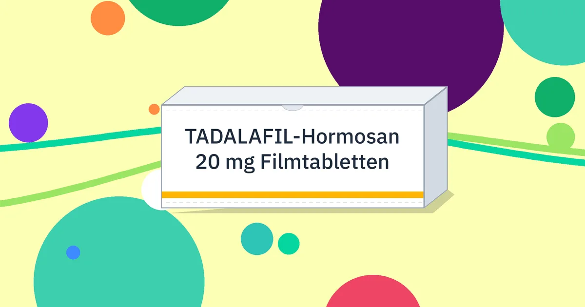 Symbolbild: Packung mit der Aufschrift TADALAFIL-Hormosan 20 mg Filmtabletten (PZN 13569977) – Verfügbarkeit und Bezug in Apotheken in Frankfurt am Main
