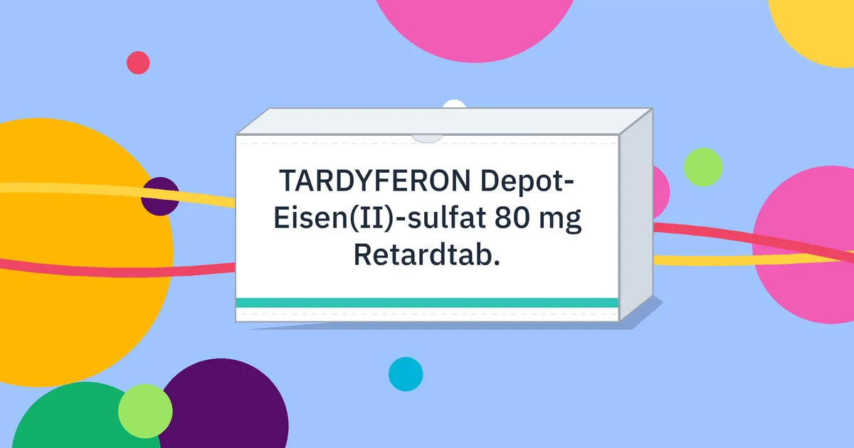 Symbolbild: Packung mit der Aufschrift TARDYFERON Depot-Eisen(II)-sulfat 80 mg Retardtab. (PZN 15746892) – Verfügbarkeit und Bezug in Apotheken in Frankfurt am Main