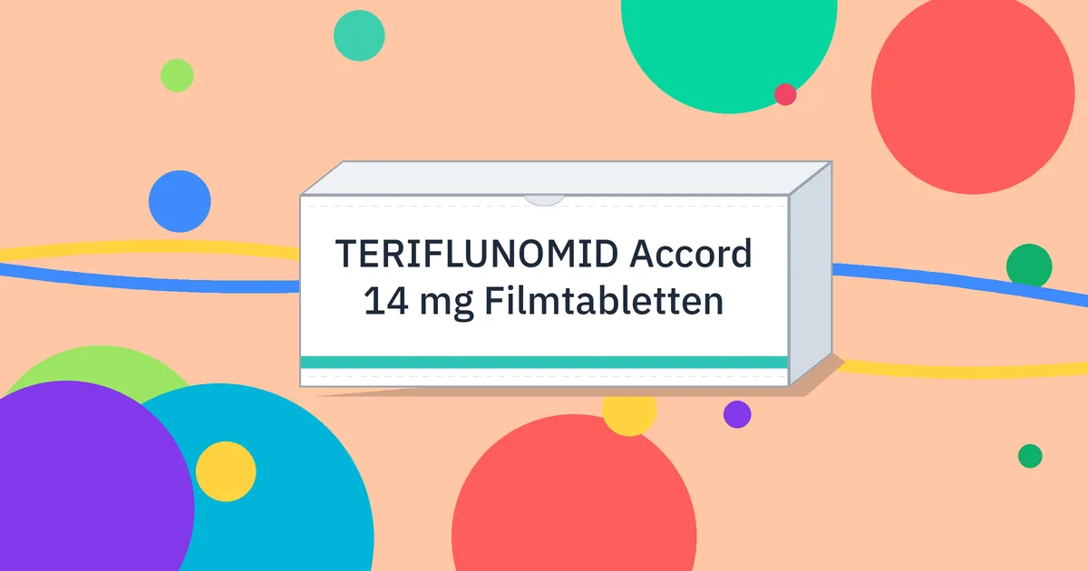 Symbolbild: Packung mit der Aufschrift TERIFLUNOMID Accord 14 mg Filmtabletten (PZN 19113741) – Verfügbarkeit und Bezug in Apotheken in Frankfurt am Main