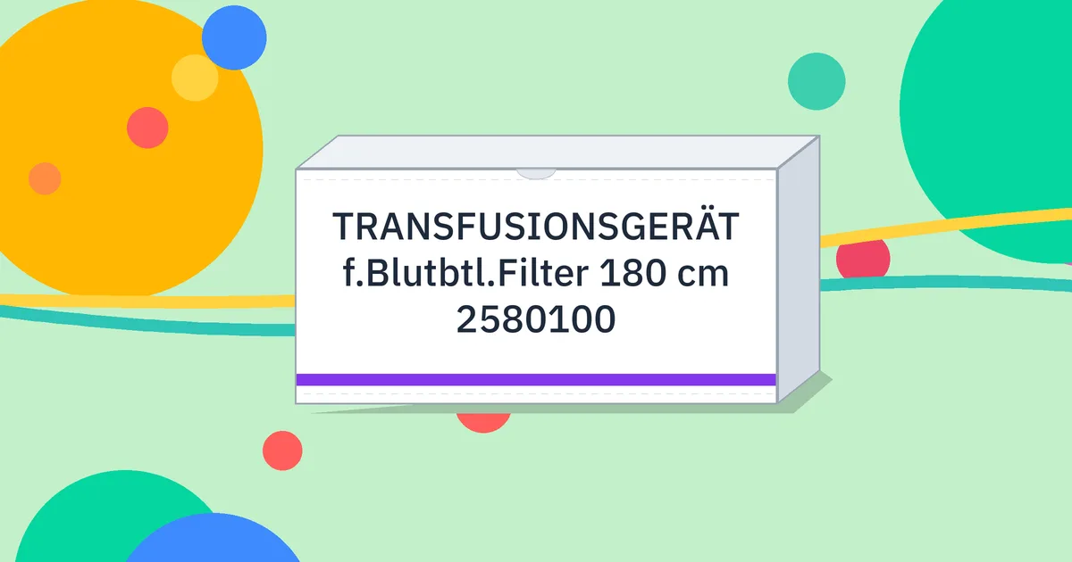 Symbolbild: Packung mit der Aufschrift TRANSFUSIONSGERÄT f.Blutbtl.Filter 180 cm 2580100 (PZN 10942996) – Verfügbarkeit und Bezug in Apotheken in Frankfurt am Main