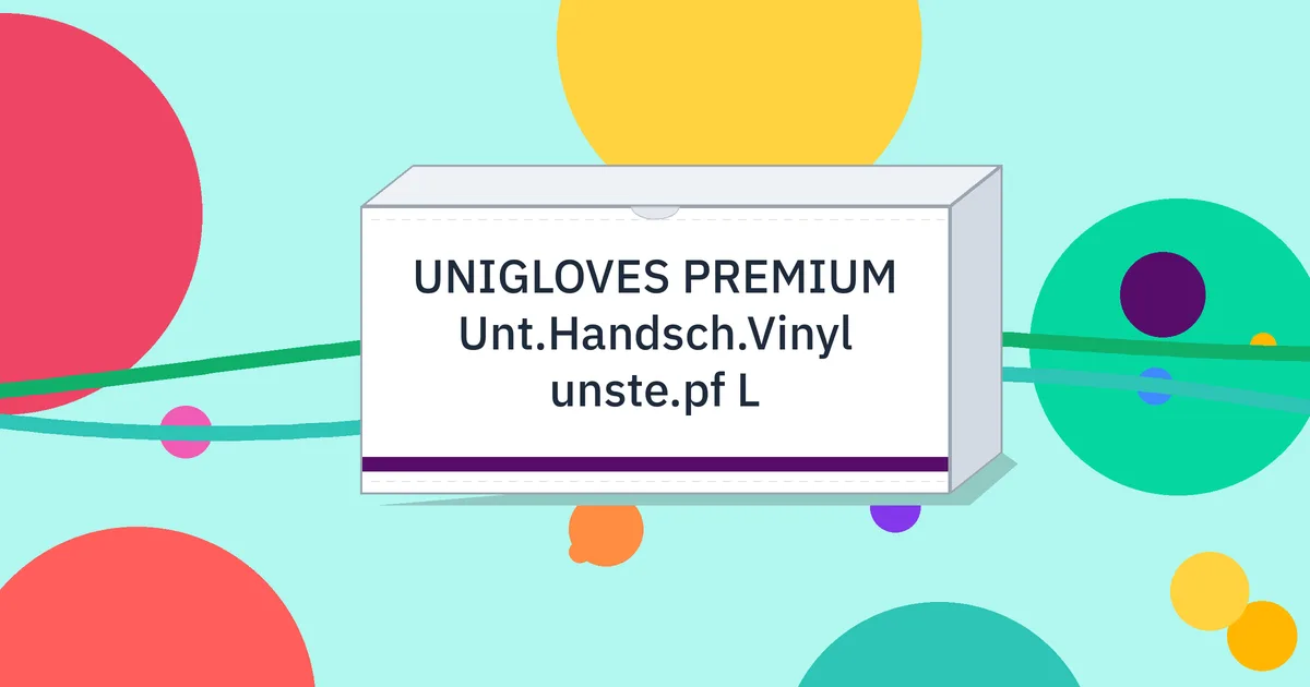 Symbolbild: Packung mit der Aufschrift UNIGLOVES PREMIUM Unt.Handsch.Vinyl unste.pf L (PZN 17820434) – Verfügbarkeit und Bezug in Apotheken in Frankfurt am Main