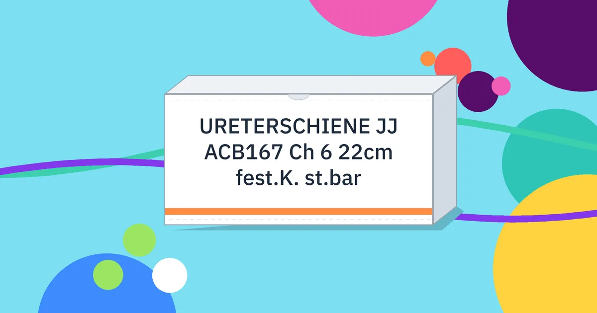 Symbolbild: Packung mit der Aufschrift URETERSCHIENE JJ ACB167 Ch 6 22cm fest.K. st.bar (PZN 00752059) – Verfügbarkeit und Bezug in Apotheken in Frankfurt am Main