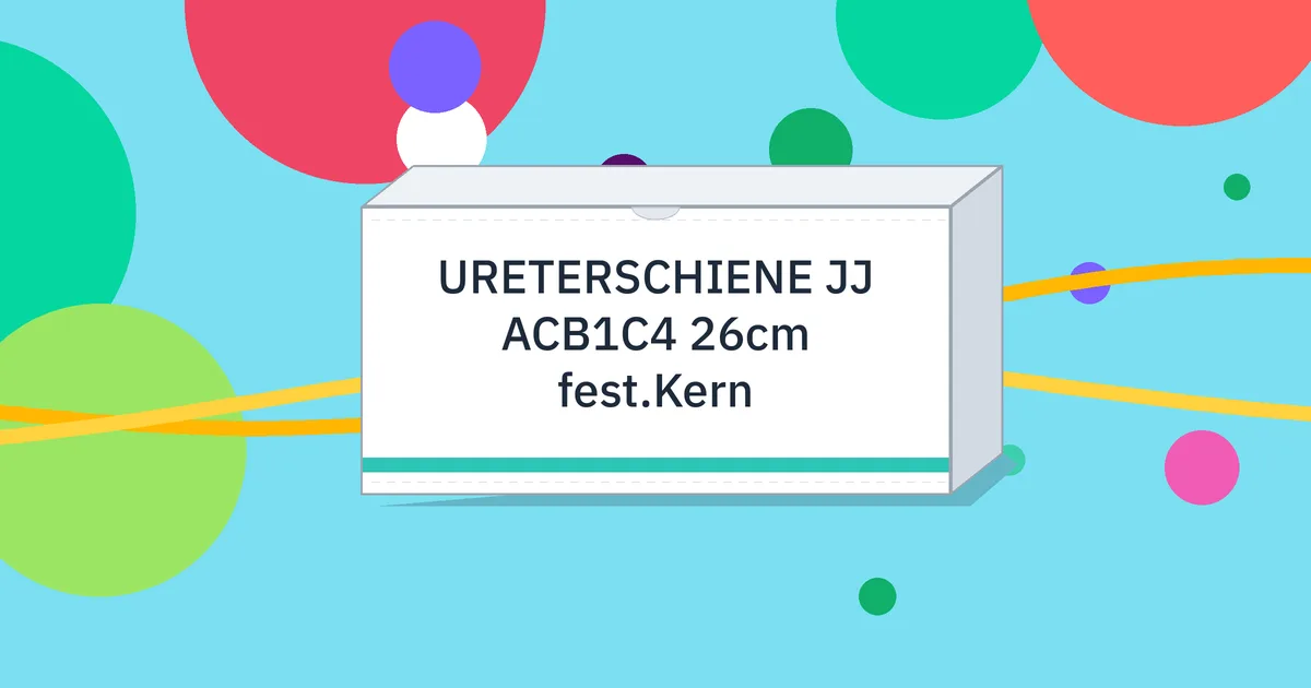 Symbolbild: Packung mit der Aufschrift URETERSCHIENE JJ ACB1C4 26cm fest.Kern (PZN 02178819) – Verfügbarkeit und Bezug in Apotheken in Frankfurt am Main