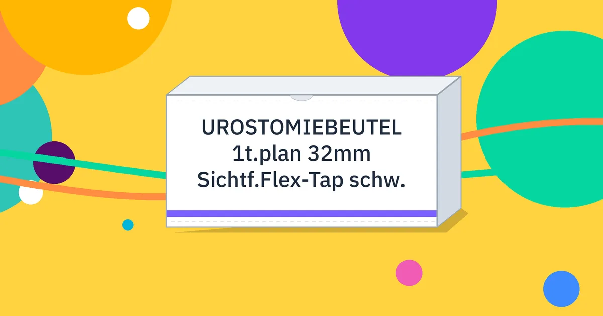 Symbolbild: Packung mit der Aufschrift UROSTOMIEBEUTEL 1t.plan 32mm Sichtf.Flex-Tap schw. (PZN 18424137) – Verfügbarkeit und Bezug in Apotheken in Frankfurt am Main