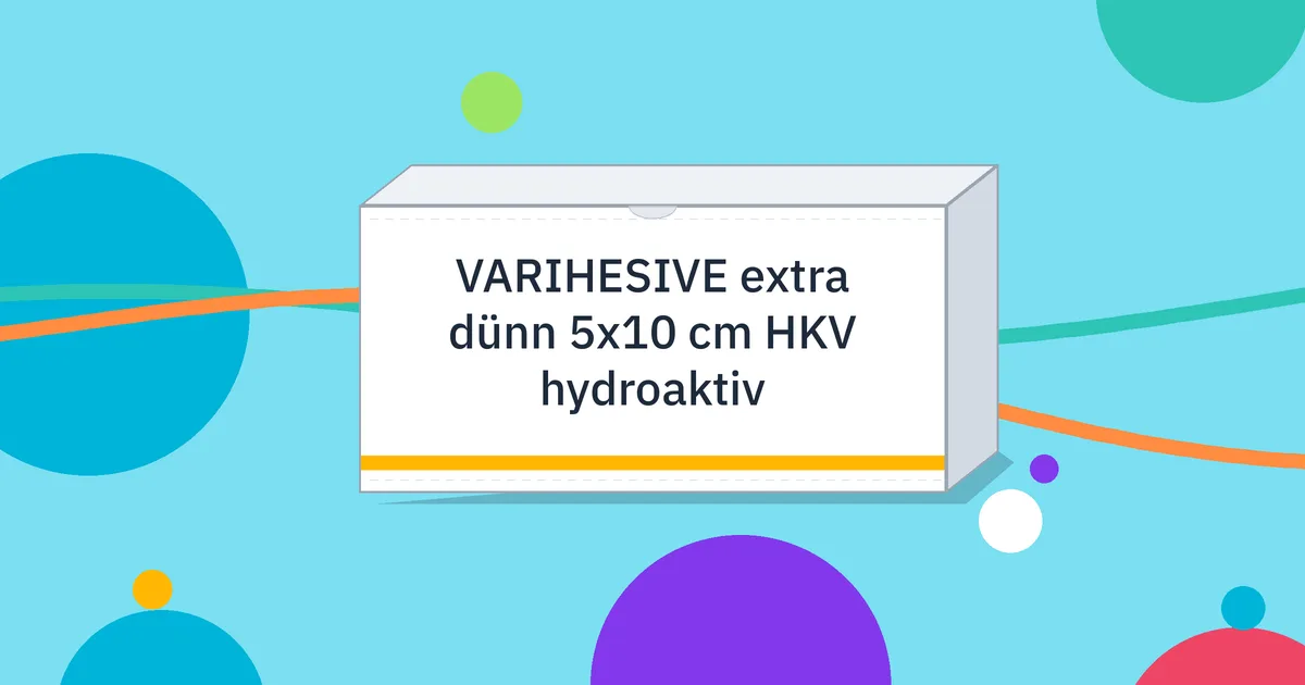 Symbolbild: Packung mit der Aufschrift VARIHESIVE extra dünn 5x10 cm HKV hydroaktiv (PZN 03892677) – Verfügbarkeit und Bezug in Apotheken in Frankfurt am Main