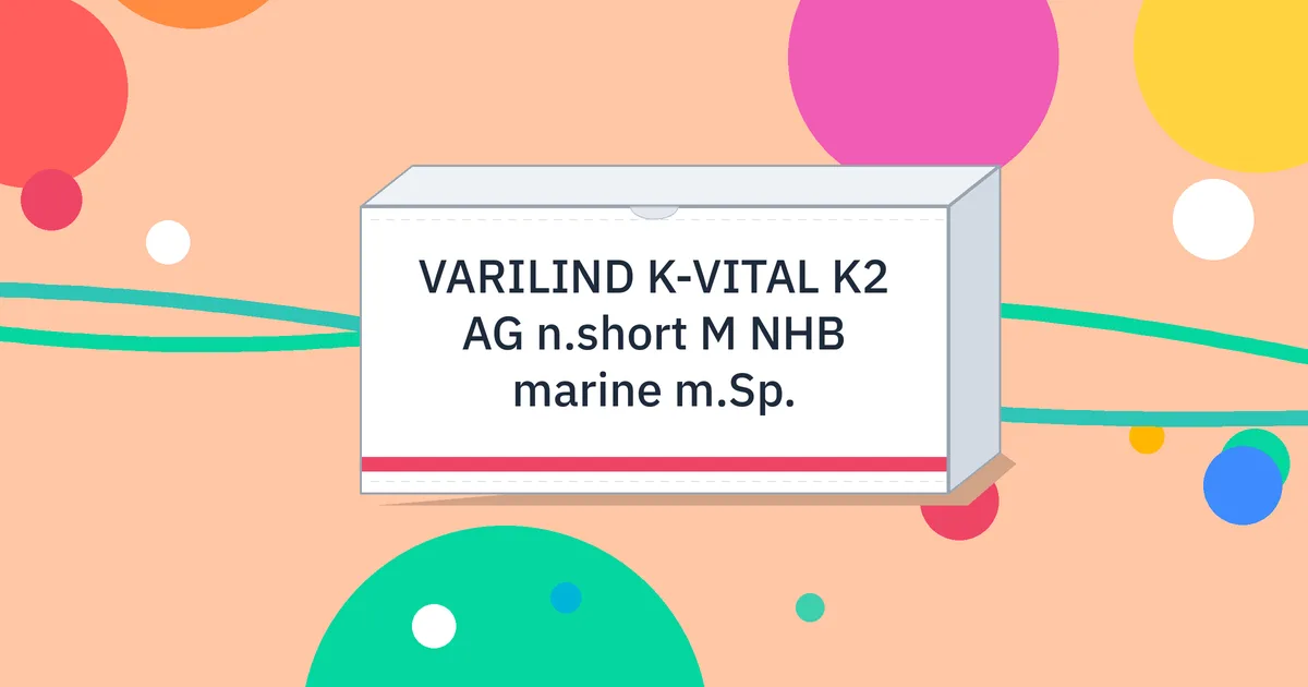 Symbolbild: Packung mit der Aufschrift VARILIND K-VITAL K2 AG n.short M NHB marine m.Sp. (PZN 20564609) – Verfügbarkeit und Bezug in Apotheken in Frankfurt am Main