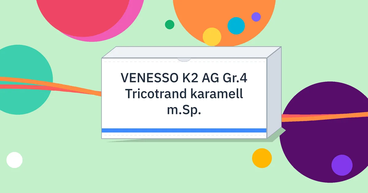 Symbolbild: Packung mit der Aufschrift VENESSO K2 AG Gr.4 Tricotrand karamell m.Sp. (PZN 13762987) – Verfügbarkeit und Bezug in Apotheken in Frankfurt am Main