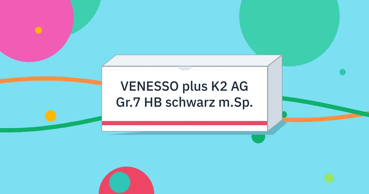 Symbolbild: Packung mit der Aufschrift VENESSO plus K2 AG Gr.7 HB schwarz m.Sp. (PZN 03293497) – Verfügbarkeit und Bezug in Apotheken in Frankfurt am Main