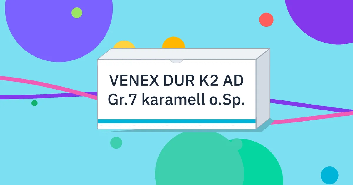 Symbolbild: Packung mit der Aufschrift VENEX DUR K2 AD Gr.7 karamell o.Sp. (PZN 13757532) – Verfügbarkeit und Bezug in Apotheken in Frankfurt am Main