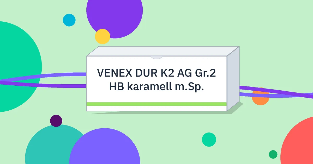 Symbolbild: Packung mit der Aufschrift VENEX DUR K2 AG Gr.2 HB karamell m.Sp. (PZN 13757704) – Verfügbarkeit und Bezug in Apotheken in Frankfurt am Main
