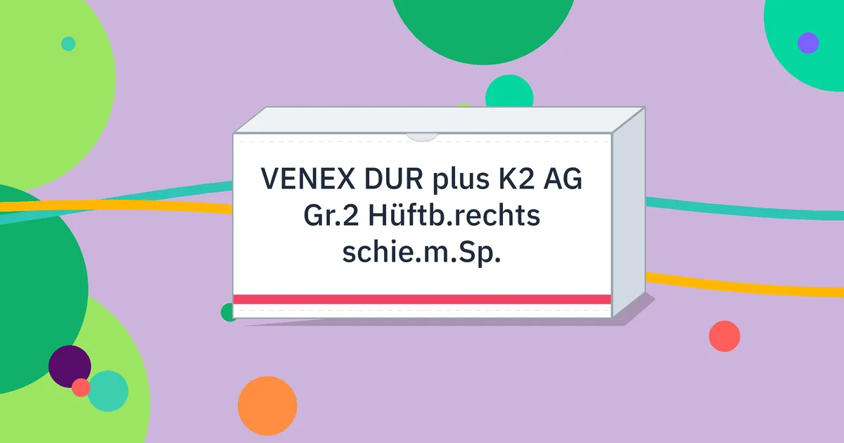 Symbolbild: Packung mit der Aufschrift VENEX DUR plus K2 AG Gr.2 Hüftb.rechts schie.m.Sp. (PZN 03237636) – Verfügbarkeit und Bezug in Apotheken in Frankfurt am Main