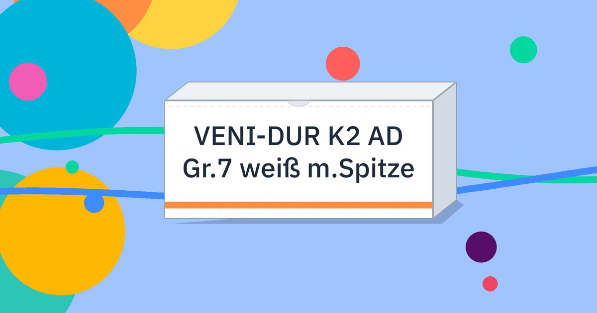 Symbolbild: Packung mit der Aufschrift VENI-DUR K2 AD Gr.7 weiß m.Spitze (PZN 03243275) – Verfügbarkeit und Bezug in Apotheken in Frankfurt am Main