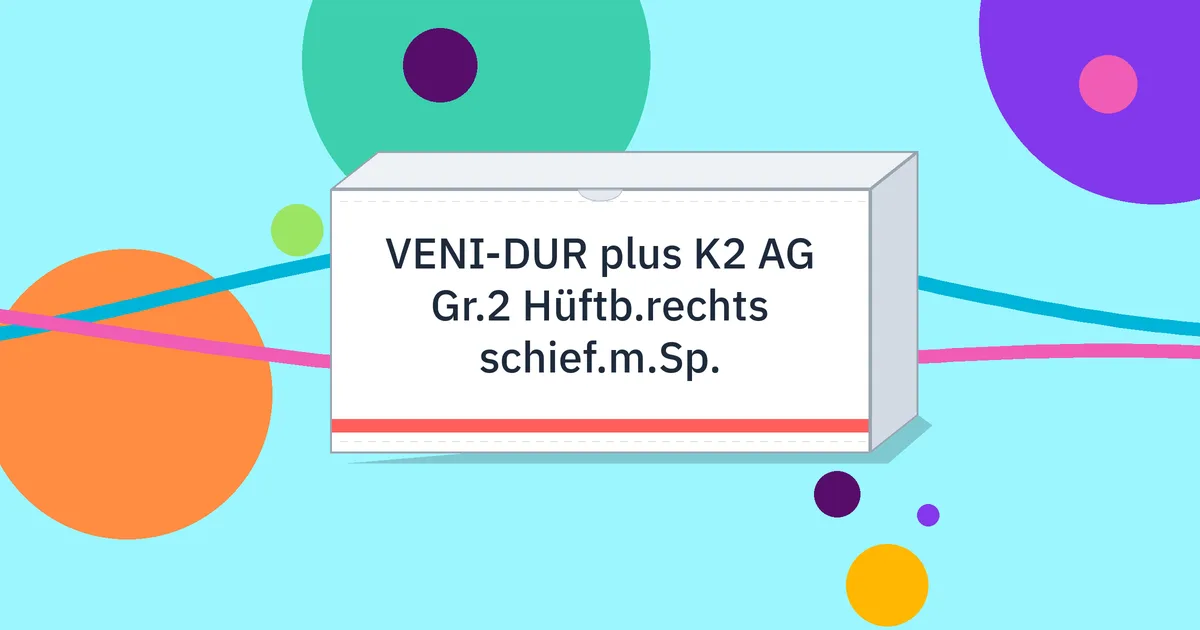 Symbolbild: Packung mit der Aufschrift VENI-DUR plus K2 AG Gr.2 Hüftb.rechts schief.m.Sp. (PZN 03256295) – Verfügbarkeit und Bezug in Apotheken in Frankfurt am Main