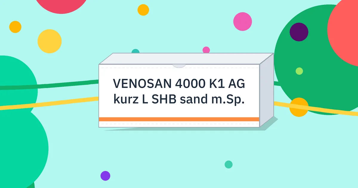Symbolbild: Packung mit der Aufschrift VENOSAN 4000 K1 AG kurz L SHB sand m.Sp. (PZN 14422182) – Verfügbarkeit und Bezug in Apotheken in Frankfurt am Main
