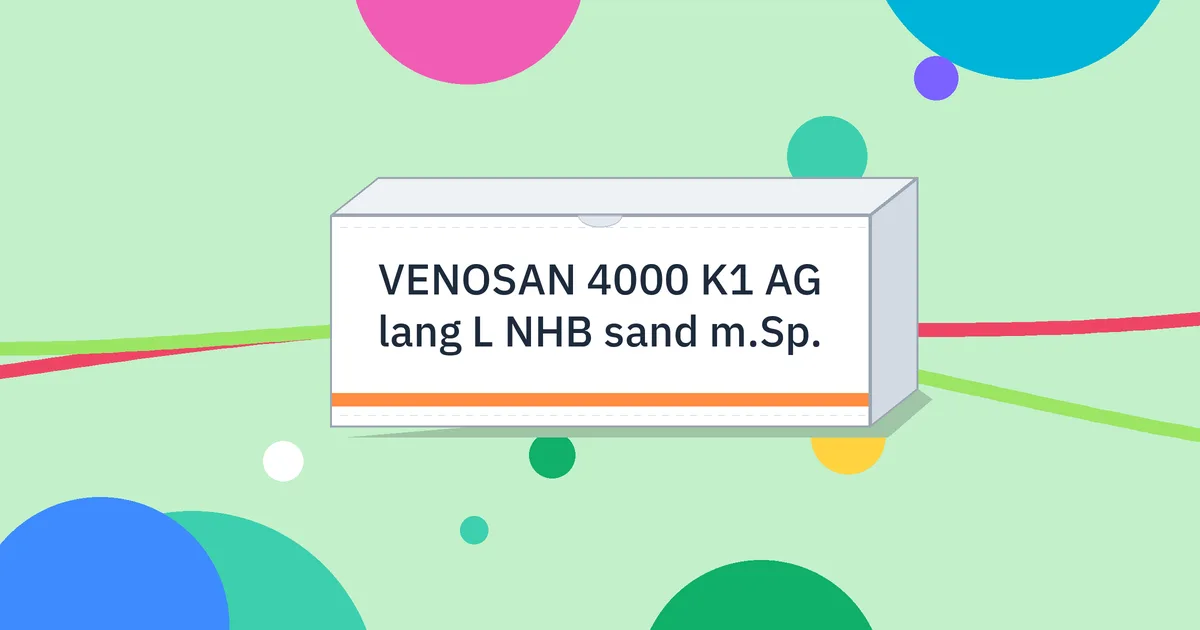 Symbolbild: Packung mit der Aufschrift VENOSAN 4000 K1 AG lang L NHB sand m.Sp. (PZN 14422130) – Verfügbarkeit und Bezug in Apotheken in Frankfurt am Main