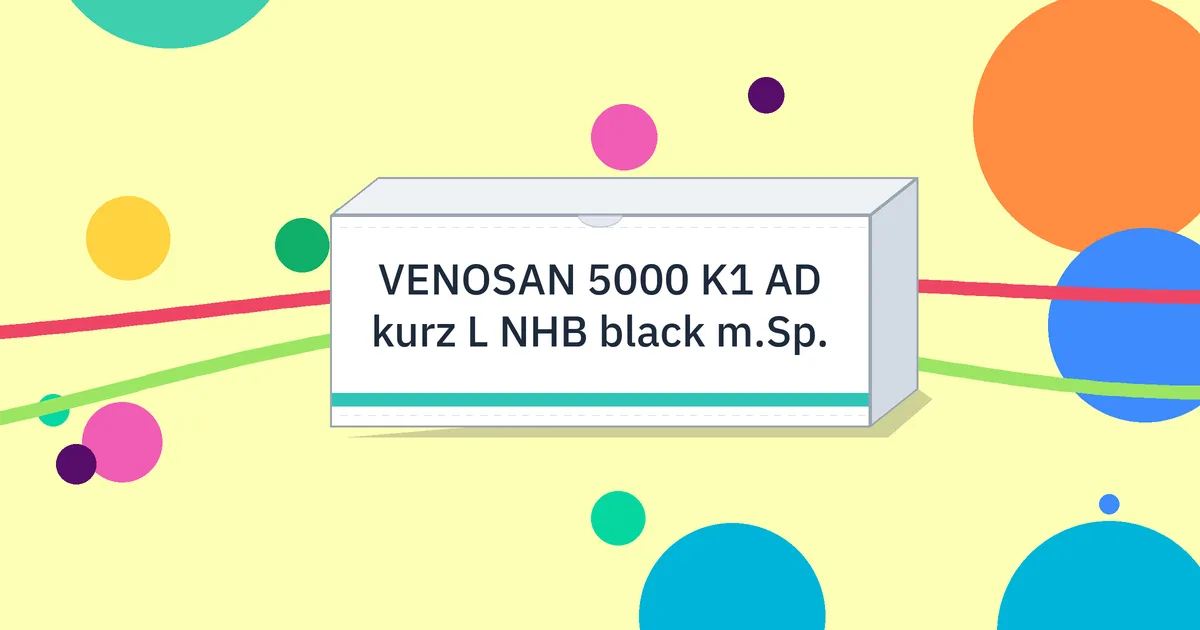 Symbolbild: Packung mit der Aufschrift VENOSAN 5000 K1 AD kurz L NHB black m.Sp. (PZN 14432737) – Verfügbarkeit und Bezug in Apotheken in Frankfurt am Main