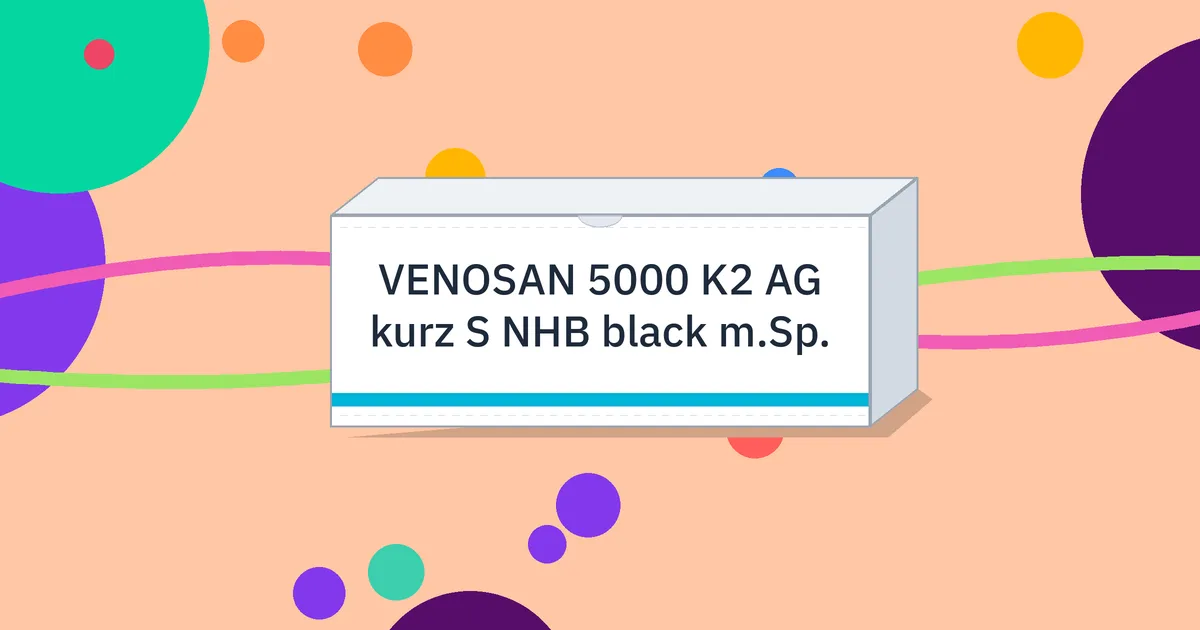 Symbolbild: Packung mit der Aufschrift VENOSAN 5000 K2 AG kurz S NHB black m.Sp. (PZN 14433808) – Verfügbarkeit und Bezug in Apotheken in Frankfurt am Main