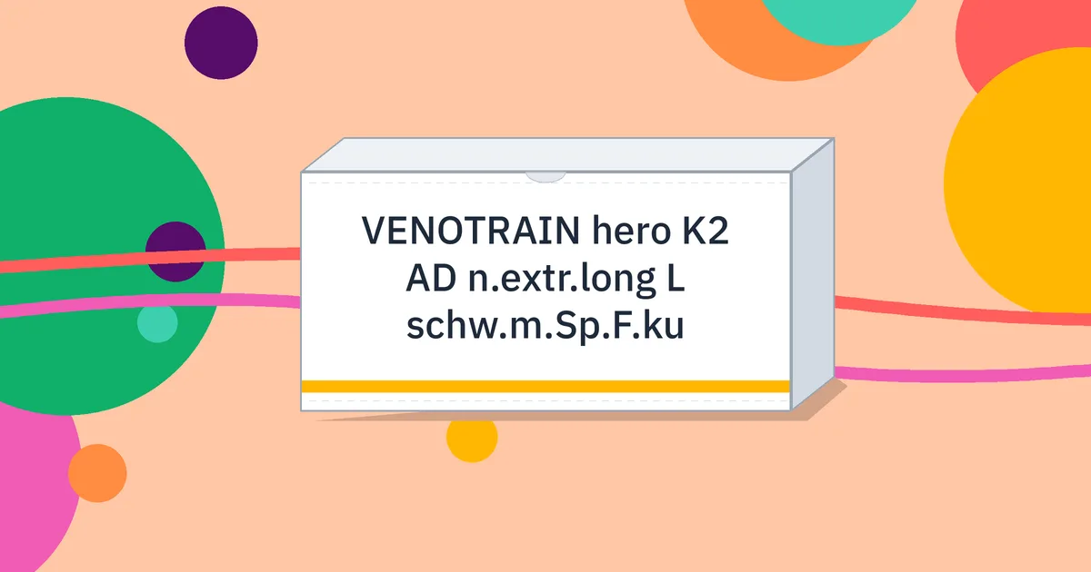 Symbolbild: Packung mit der Aufschrift VENOTRAIN hero K2 AD n.extr.long L schw.m.Sp.F.ku (PZN 19189678) – Verfügbarkeit und Bezug in Apotheken in Frankfurt am Main