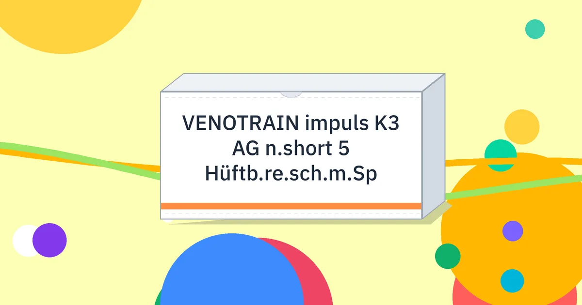 Symbolbild: Packung mit der Aufschrift VENOTRAIN impuls K3 AG n.short 5 Hüftb.re.sch.m.Sp (PZN 10293842) – Verfügbarkeit und Bezug in Apotheken in Frankfurt am Main