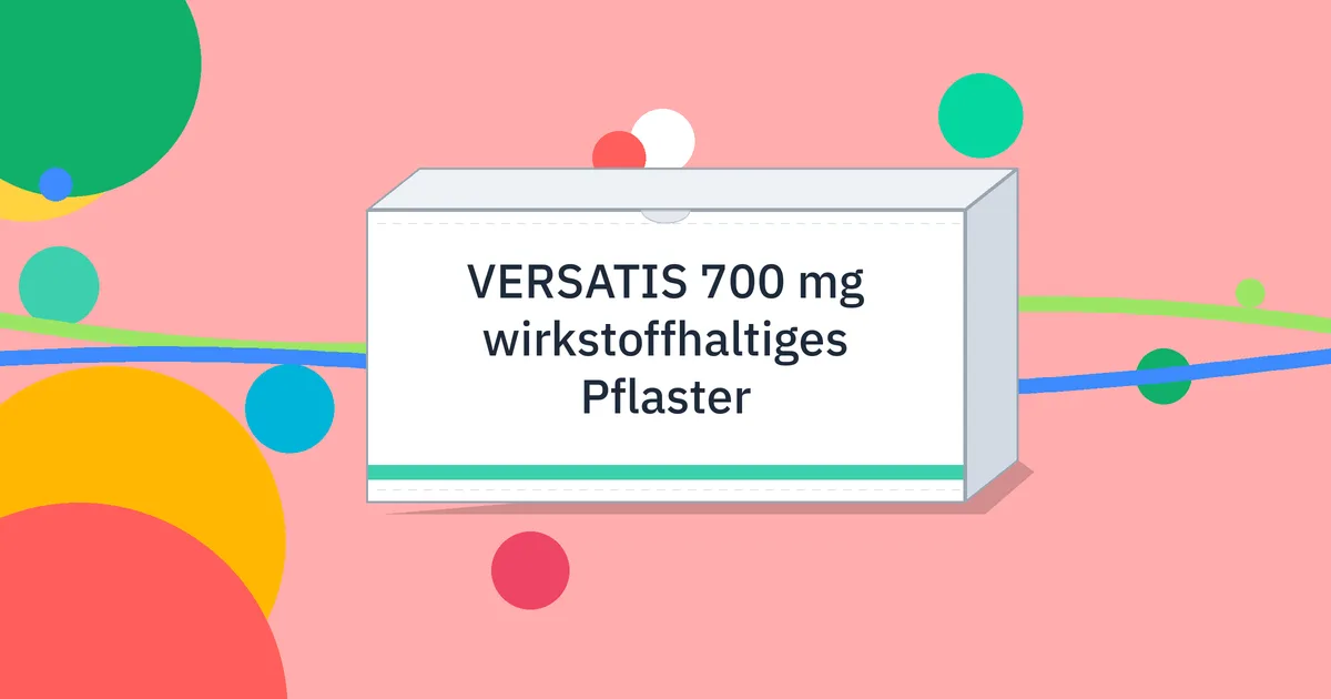 Symbolbild: Packung mit der Aufschrift VERSATIS 700 mg wirkstoffhaltiges Pflaster (PZN 14415360) – Verfügbarkeit und Bezug in Apotheken in Frankfurt am Main