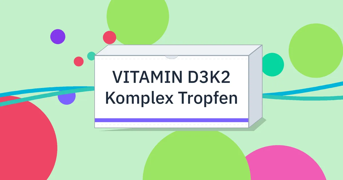 Symbolbild: Packung mit der Aufschrift VITAMIN D3K2 Komplex Tropfen (PZN 18749388) – Verfügbarkeit und Bezug in Apotheken in Frankfurt am Main
