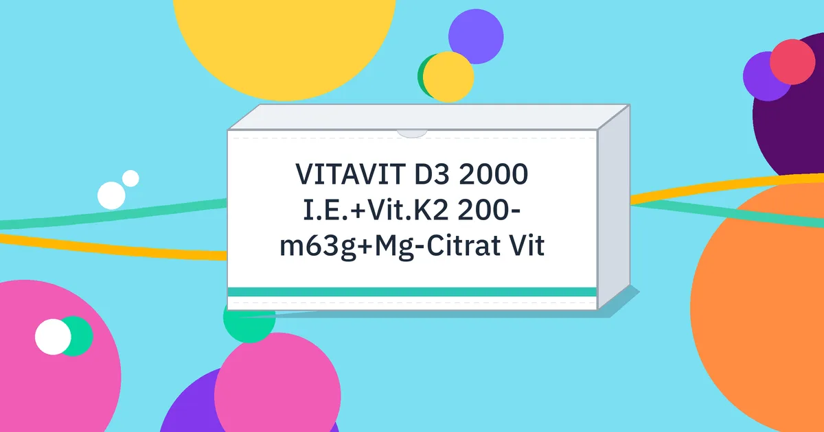 Symbolbild: Packung mit der Aufschrift VITAVIT D3 2000 I.E.+Vit.K2 200-m63g+Mg-Citrat Vit (PZN 16849909) – Verfügbarkeit und Bezug in Apotheken in Frankfurt am Main