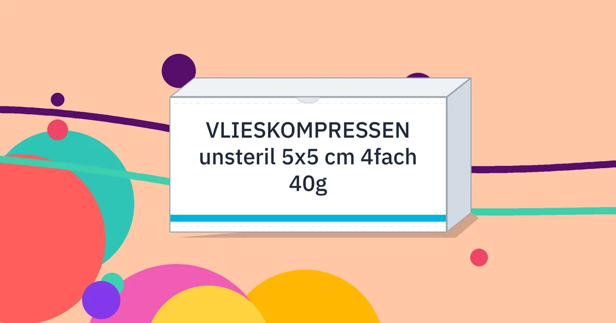 Symbolbild: Packung mit der Aufschrift VLIESKOMPRESSEN unsteril 5x5 cm 4fach 40g (PZN 04852881) – Verfügbarkeit und Bezug in Apotheken in Frankfurt am Main